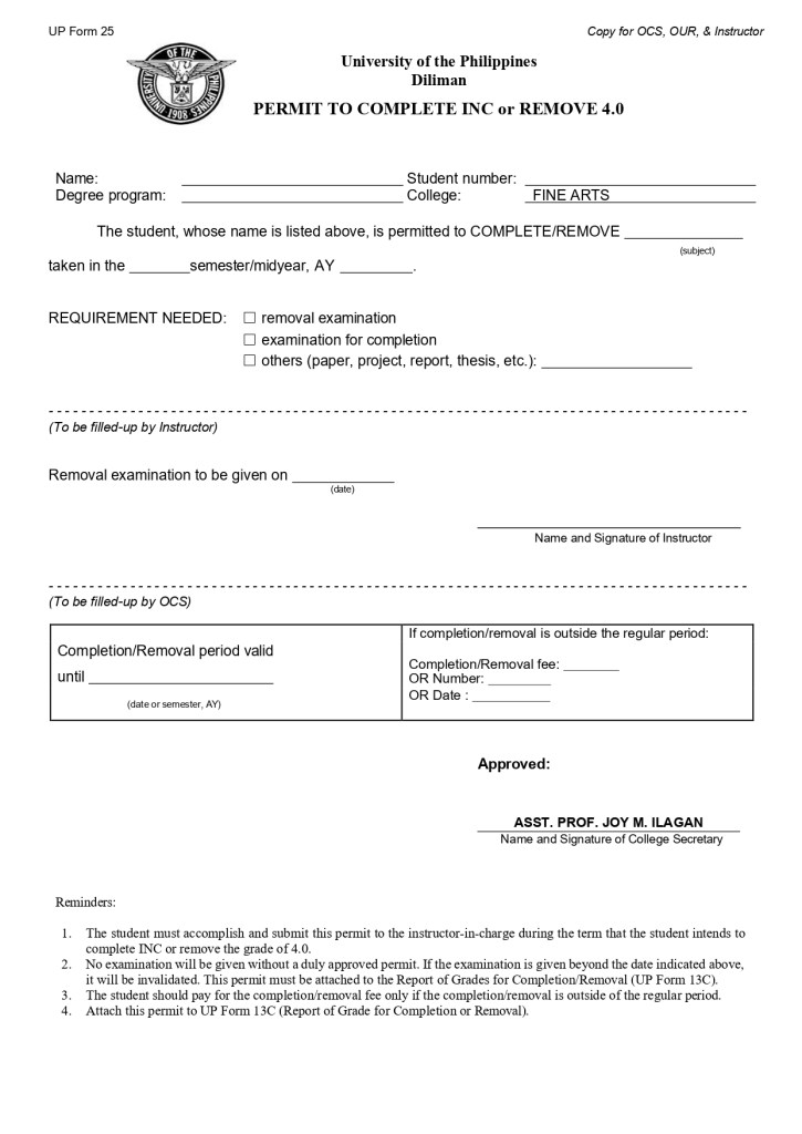 NEW PERMIT TO COMPLETE INC OR REMOVE 4.0 FORM – UP College of Fine Arts